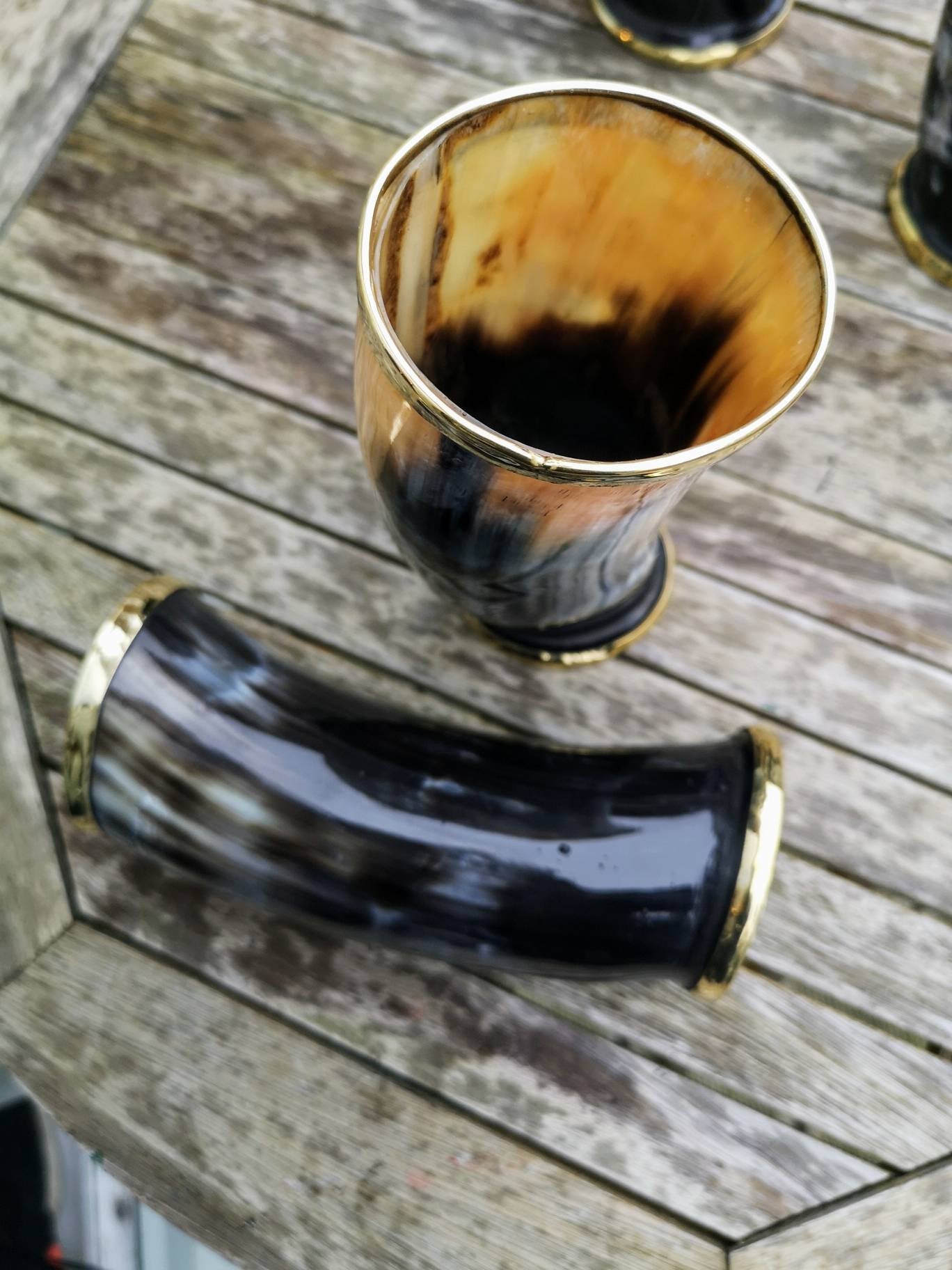 Set of Ox Horn Cups, Viking Drinking Cups 6" with brass top & bottom