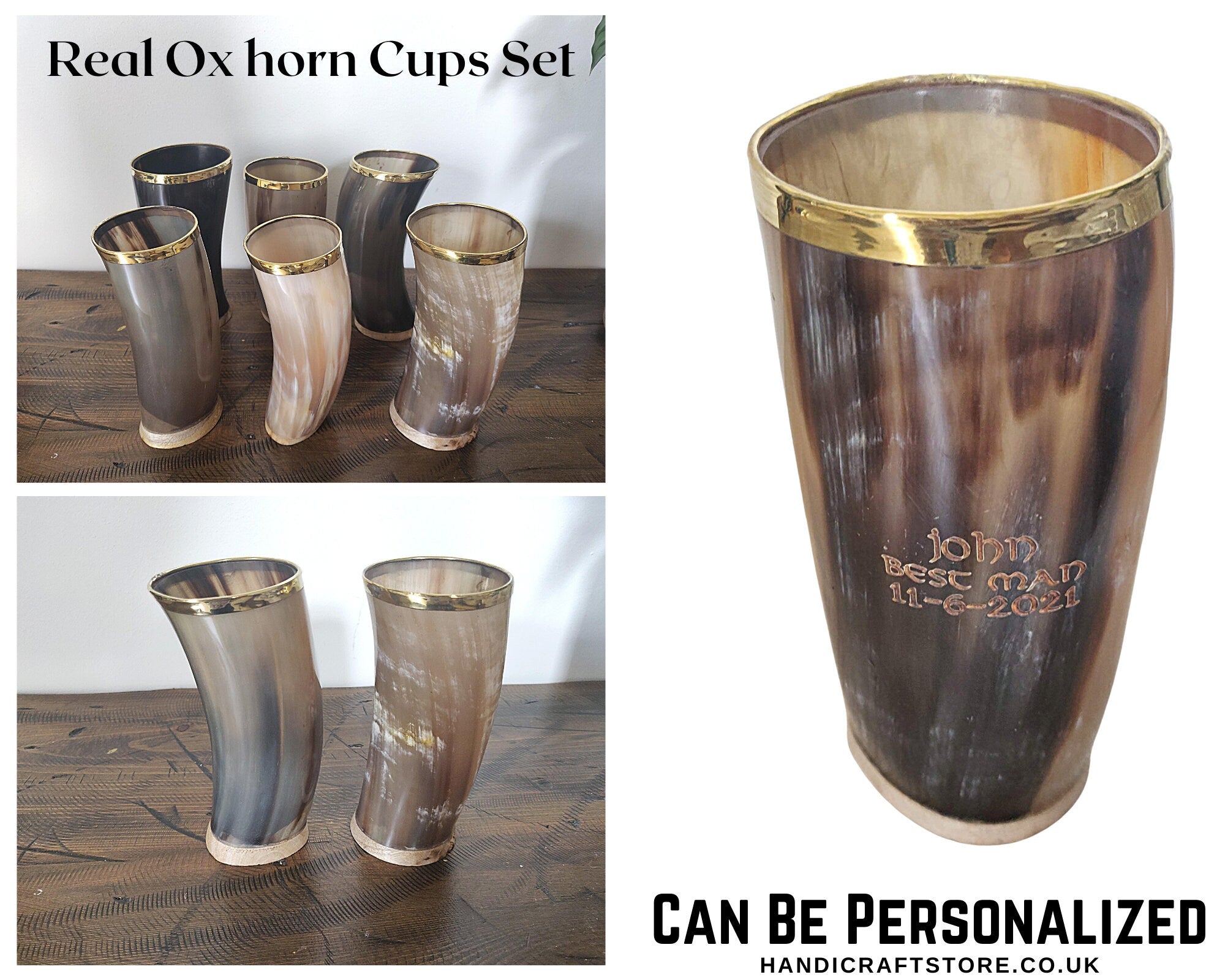 Viking Drinking Horn Cups Set, Horn Cups with brass rims wood base, we